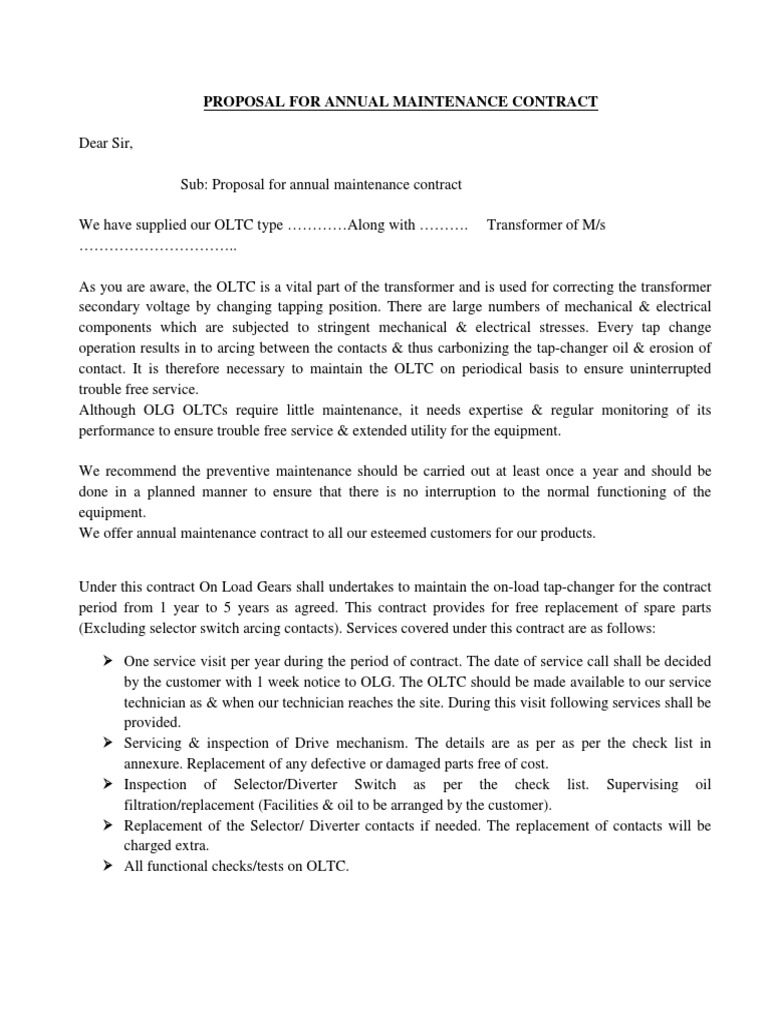 Proposal For Annual Maintenance Contract | PDF | Transformer ...