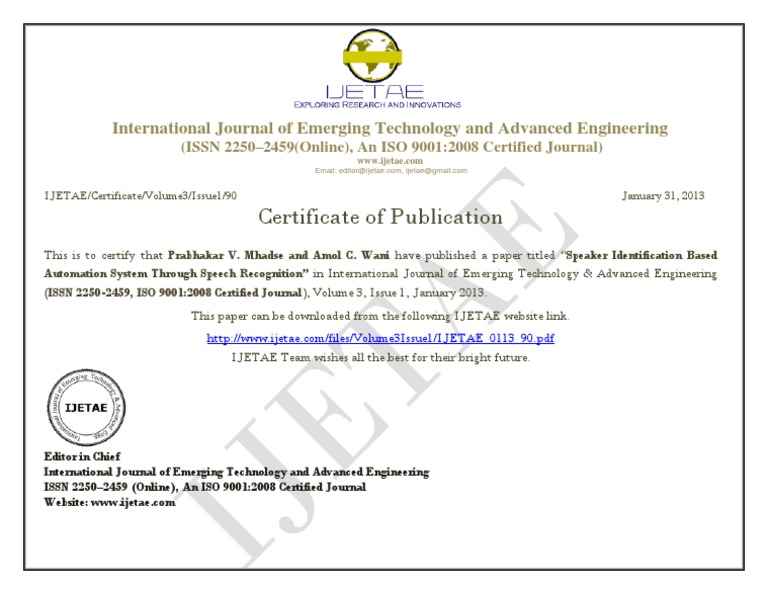 IJETAE Certificate 0113 90 PDF | PDF