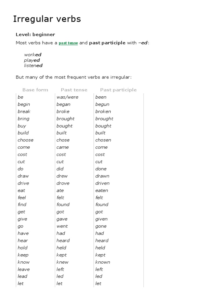 Irregular Verbs: Past Tense | PDF