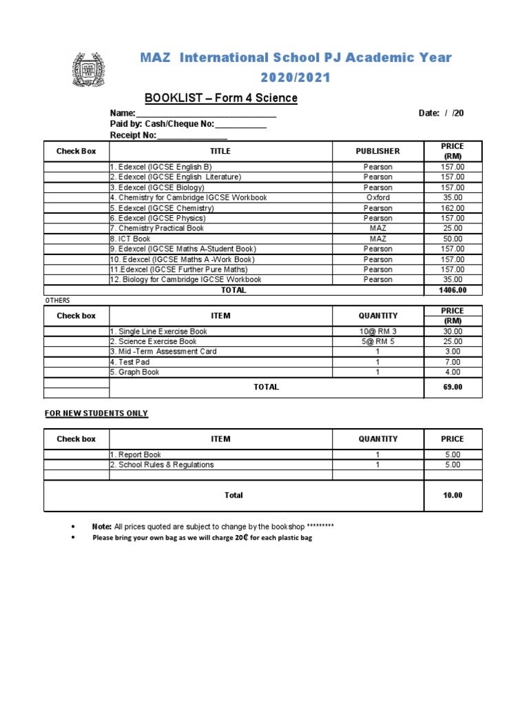 Form 4 Science Booklist 2020-2021 | PDF | Student Assessment And ...