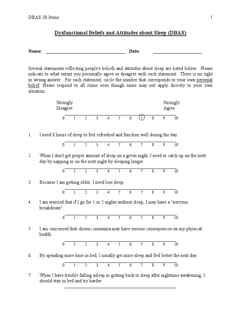 Dysfunctional Beliefs And Attitudes About Sleep Dbas Name Date