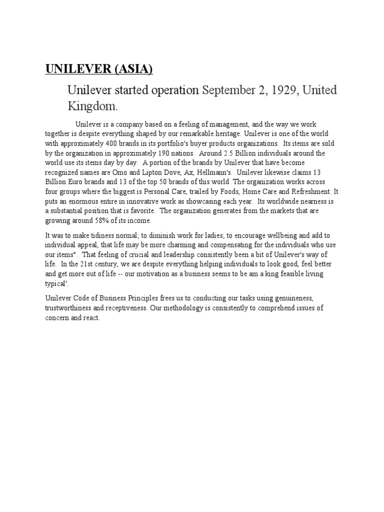 Unilever Started Operation: September 2, 1929, United Kingdom | PDF ...