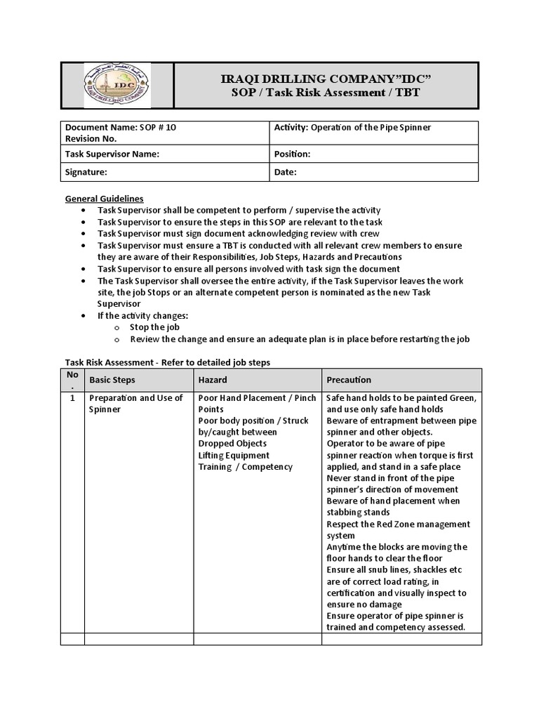 Pipe Spinner Operation SOP and Safety | PDF | Occupational Safety And ...