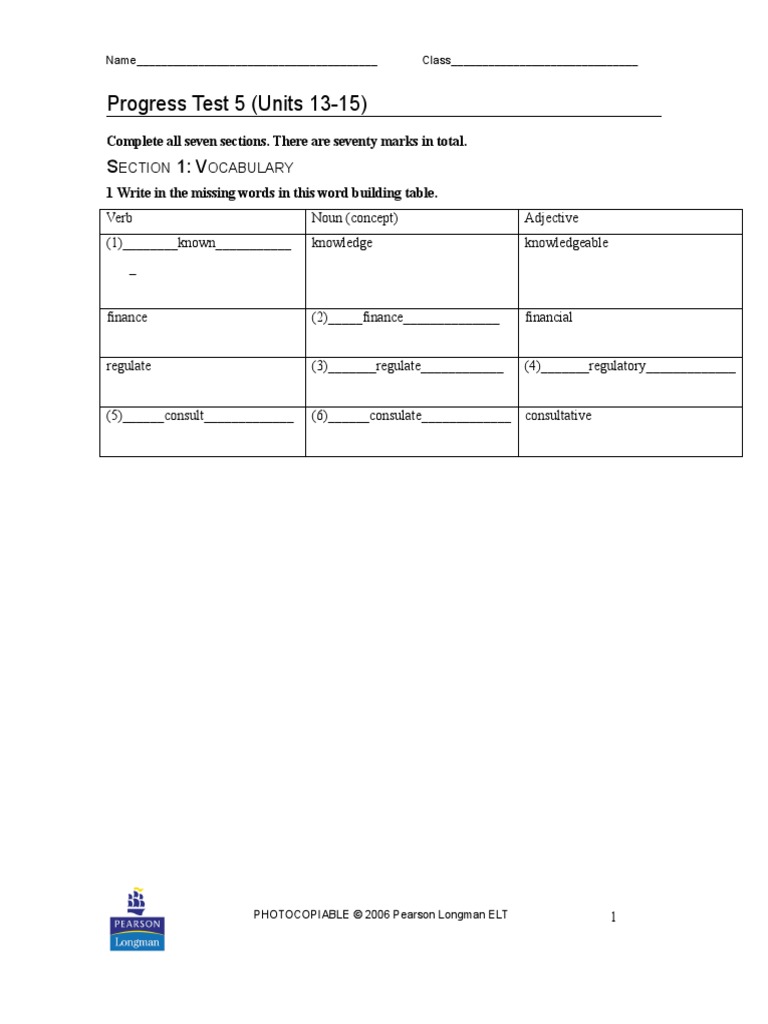 Progress Test 5 (Units 13-15) : Complete All Seven Sections. There Are ...