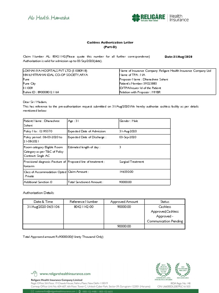 ApprovalLetterClaim Letter | PDF | Deductible | Insurance