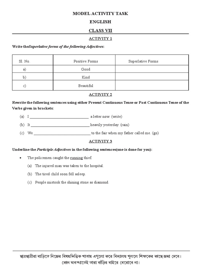 Model Activity Task English Class Vii | PDF