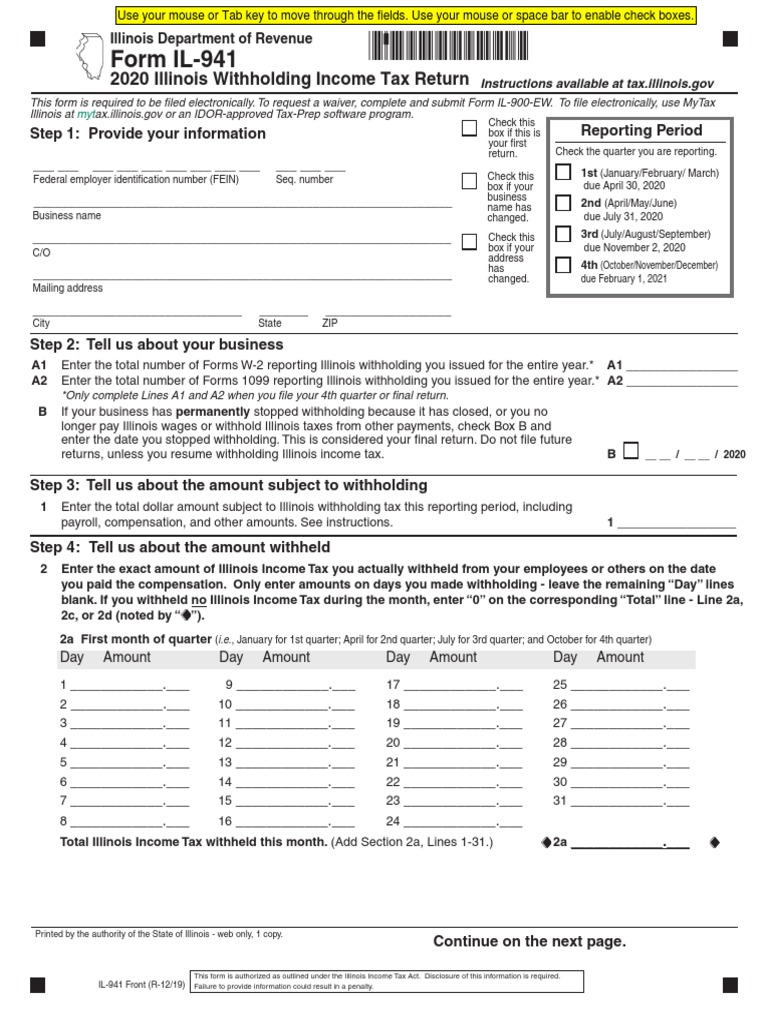 Form IL-941: 2020 Illinois Withholding Income Tax Return | Download ...