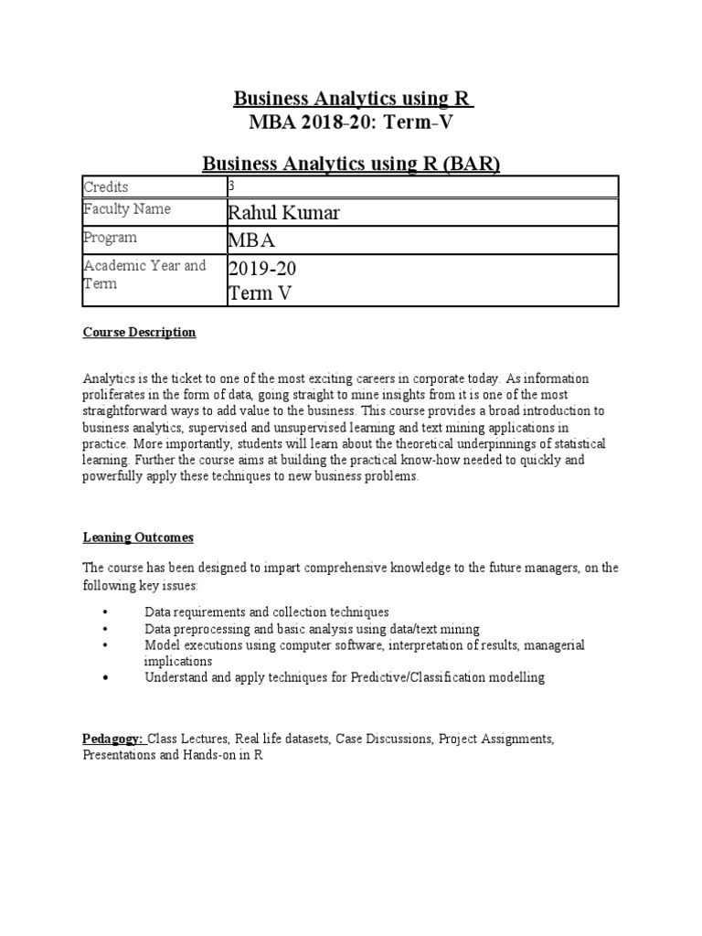 Business Analytics Using R-Course Outline | PDF | Analytics | Machine ...