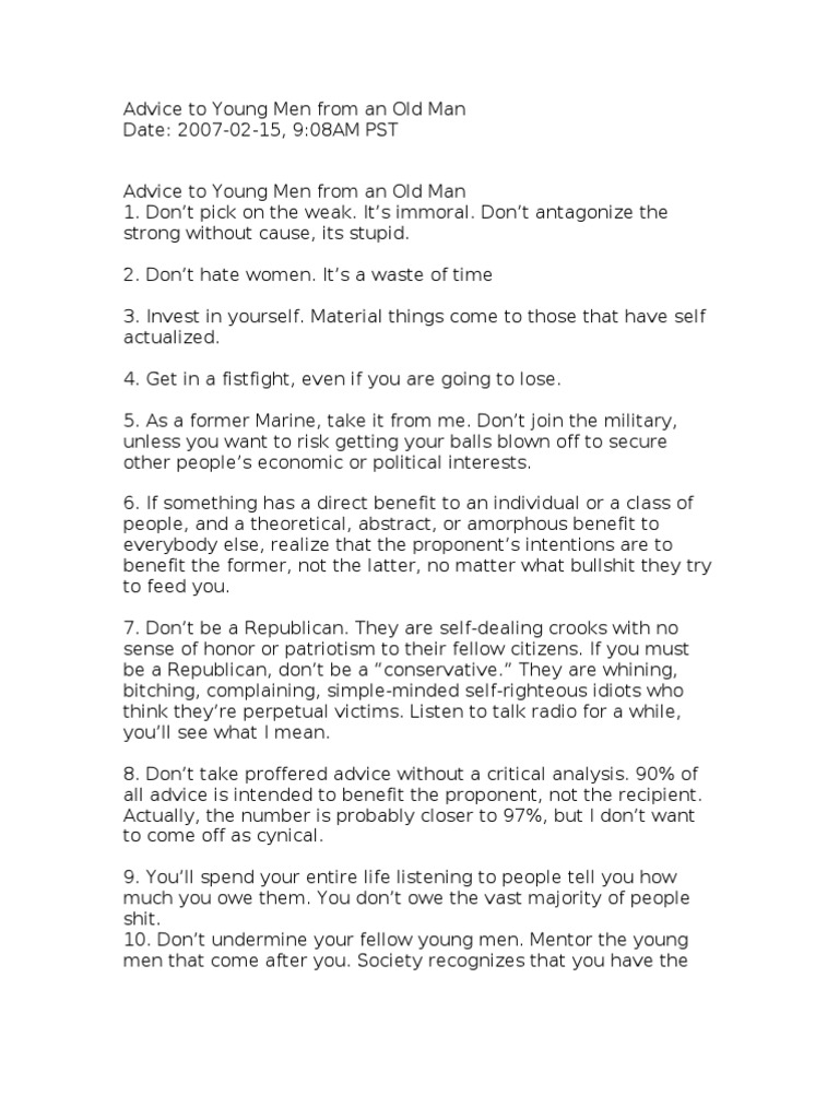 Advice To Young Men From An Old Man | PDF | Love | Psychology