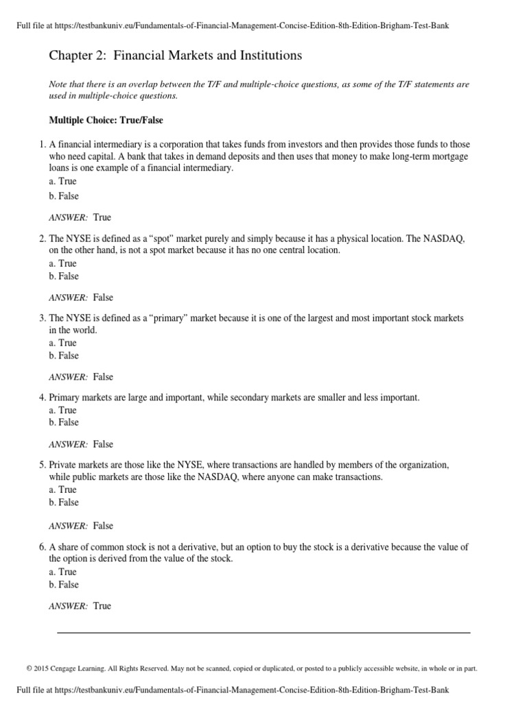Chapter 2: Financial Markets and Institutions: Multiple Choice: True ...