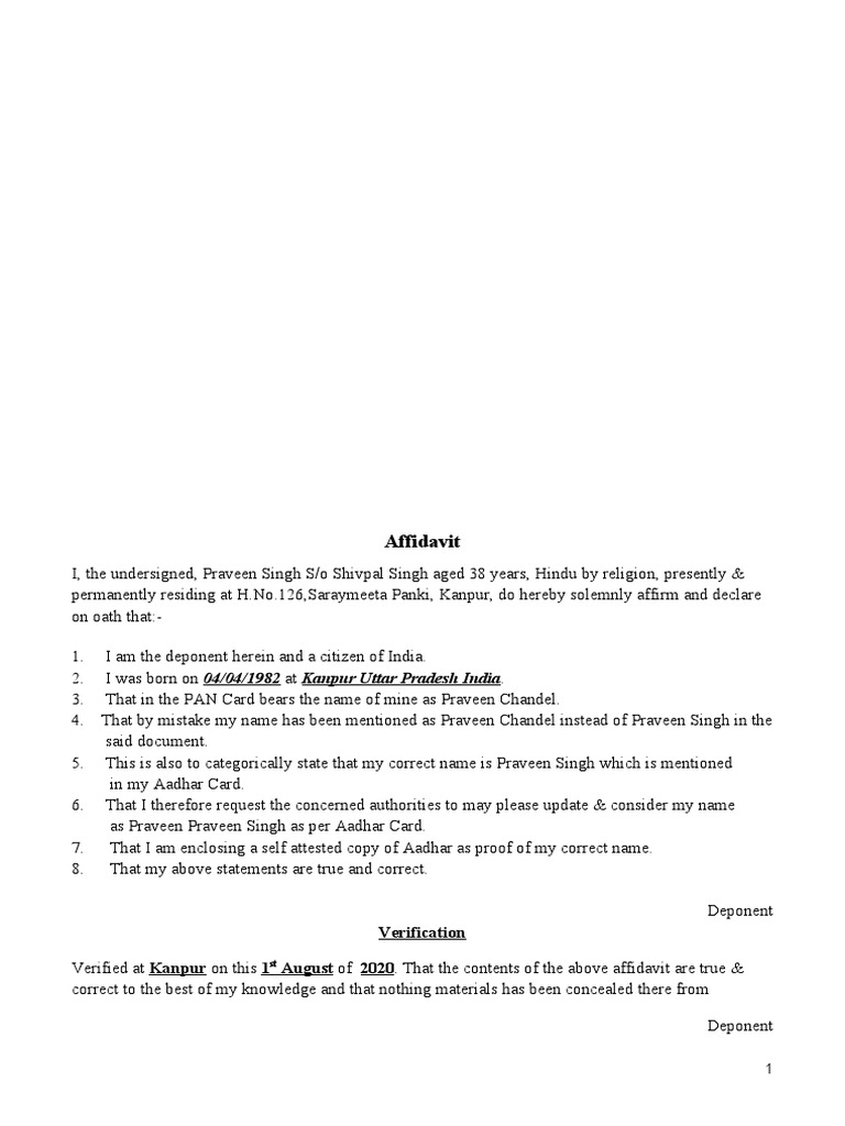 Affidavit: Verification August of 2020. That The Contents of The Above Affidavit Are True & | PDF