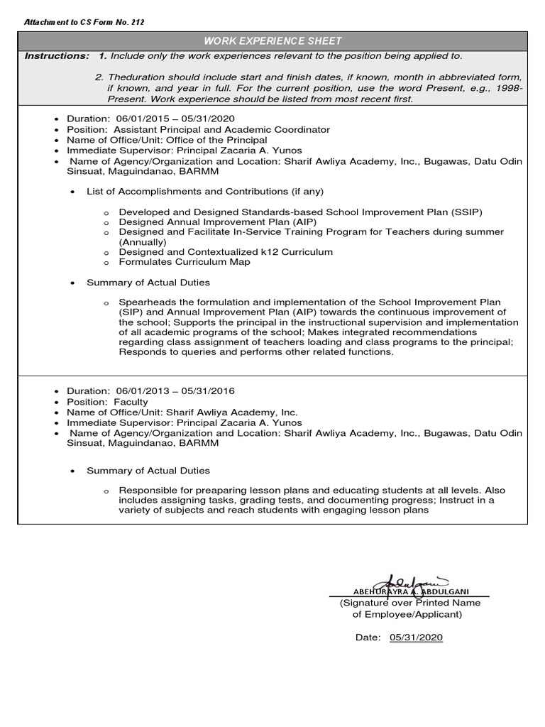 Work Experience Sheet: Instructions: 1. Include Only The Work ...