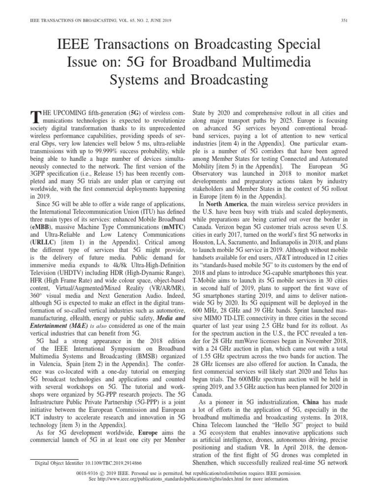 IEEE Transactions On Broadcasting Special Issue On: 5G For Broadband ...