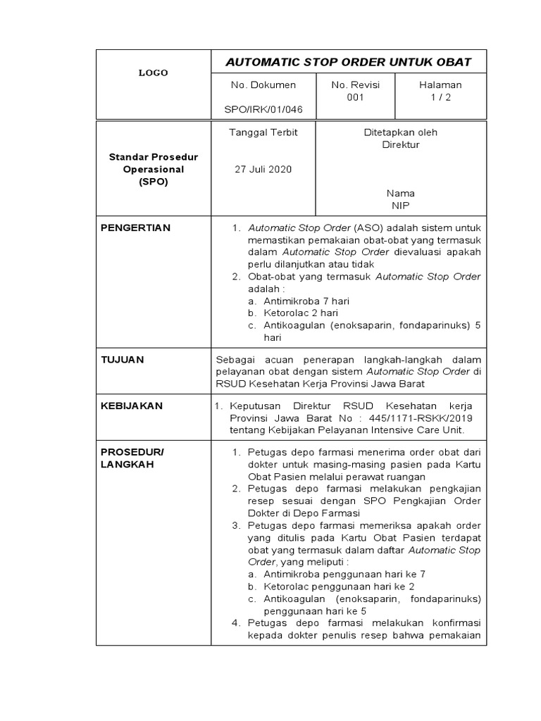 Automatic Stop Order Untuk Obat | PDF