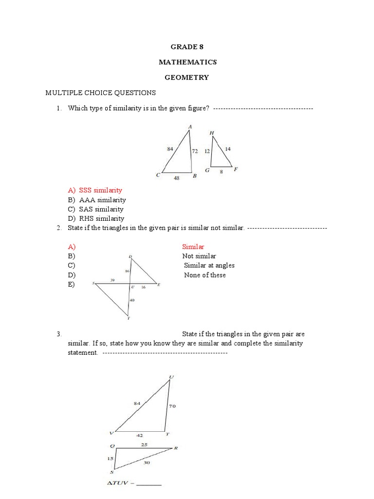 Grade 8 Mathematics-Geometry MCQs | PDF | Triangle | Classical Geometry