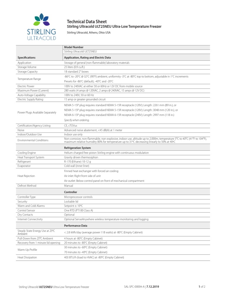 Technical Data Sheet: Stirling Ultracold ULT25NEU Ultra-Low Temperature ...