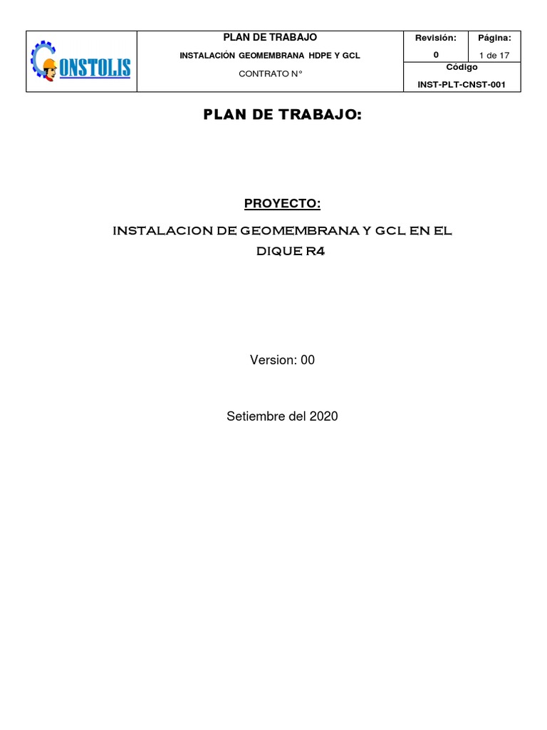 Plan de Trabajo Instalacion de Geomembrana y GCL - Dique R4 V.00 | PDF ...