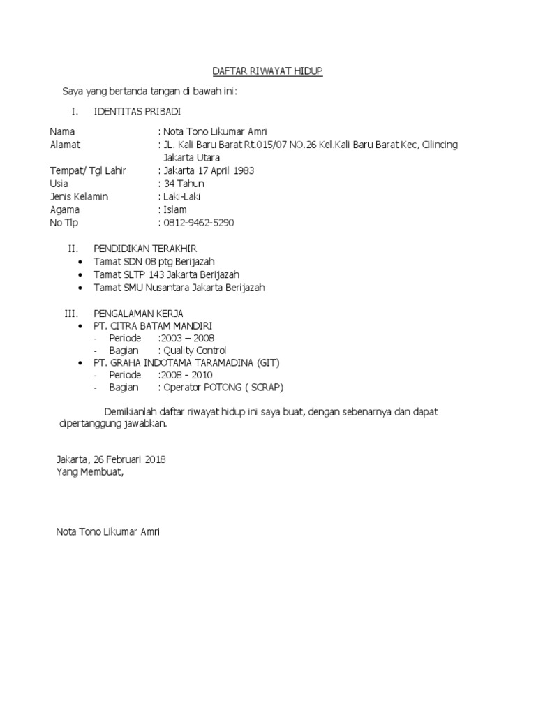CV Nota Tono Likumar Amri | PDF