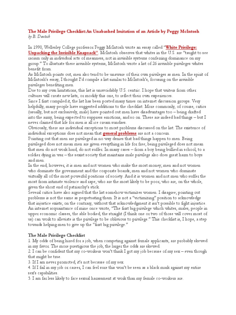 By B. Deutsch: The Male Privilege Checklist:An Unabashed Imitation of ...