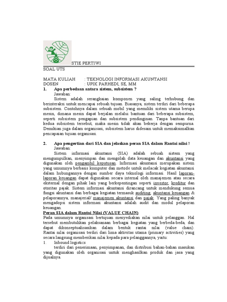 Jawaban Soal UTS SIA Semester 2 1819 | PDF | Pengelolaan Keuangan & Uang