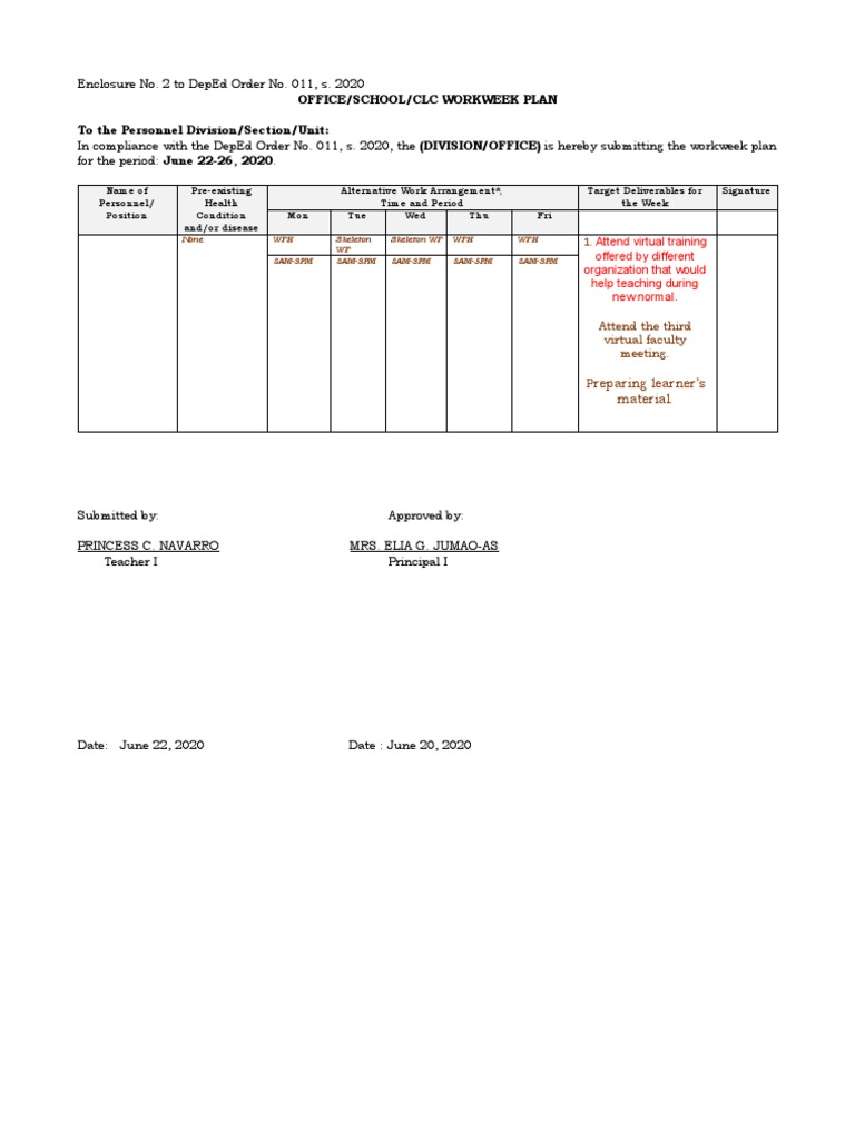 Sample Work Week Plan | PDF