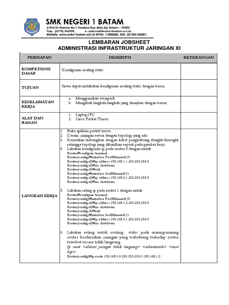 Jobsheet Cisco Konfigurasi Routing Static PDF | PDF