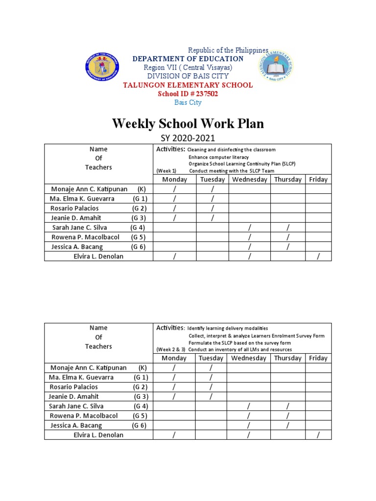 Weekly School Work Plan: Republic of The Philippines Region VII ...