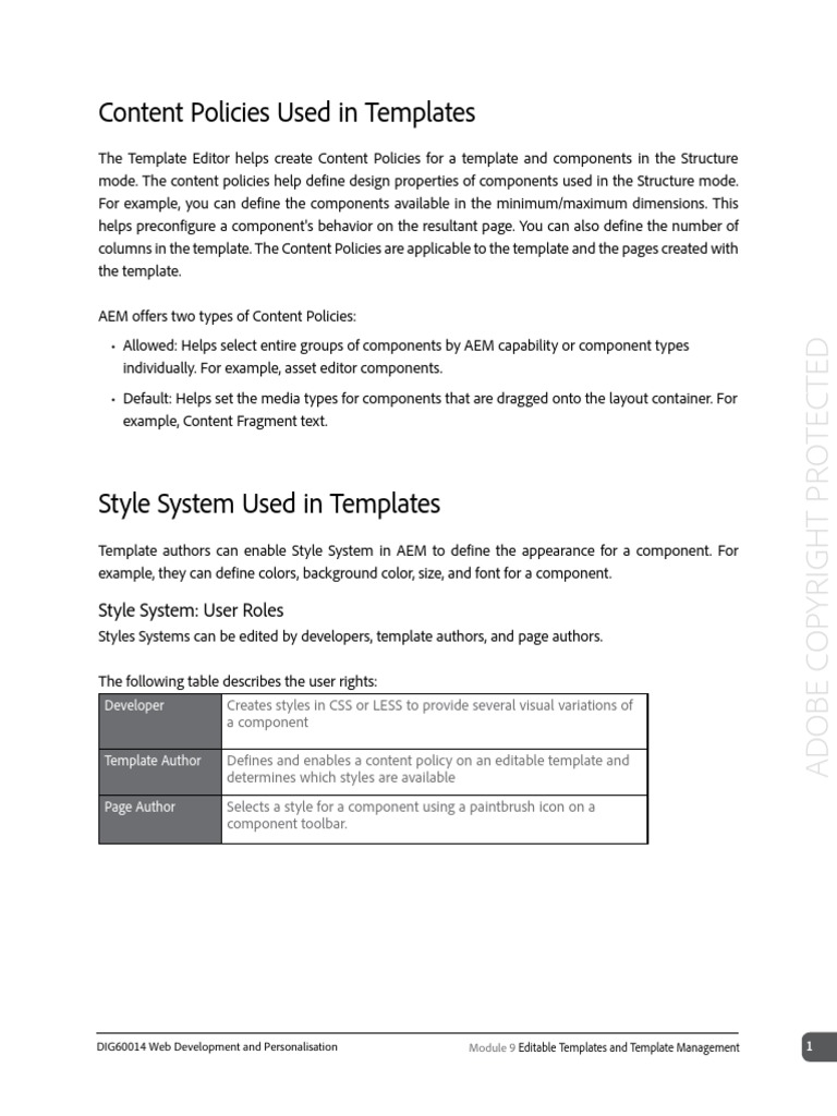Content Policies Used in Templates: Style System: User Roles | PDF ...