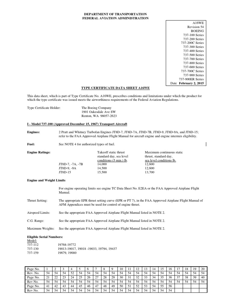 FAA Type Certificate A16WE for Boeing 737 | PDF | Federal Aviation ...