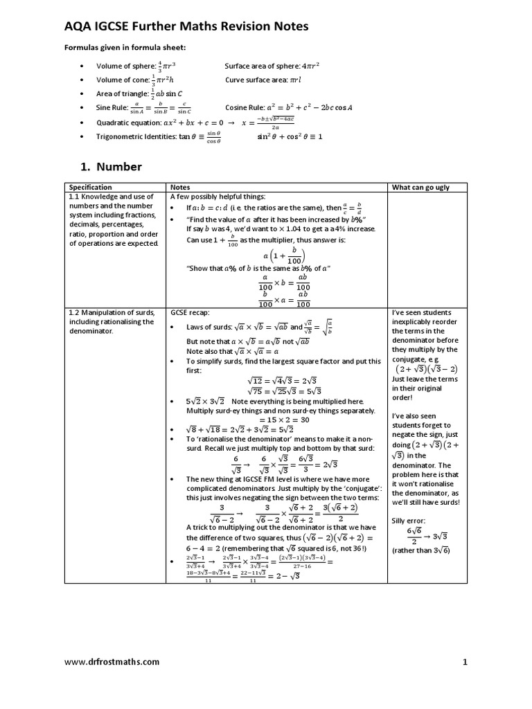 Aqa Igcse Further Maths Revision Notes 1 Number Pdf Factorization