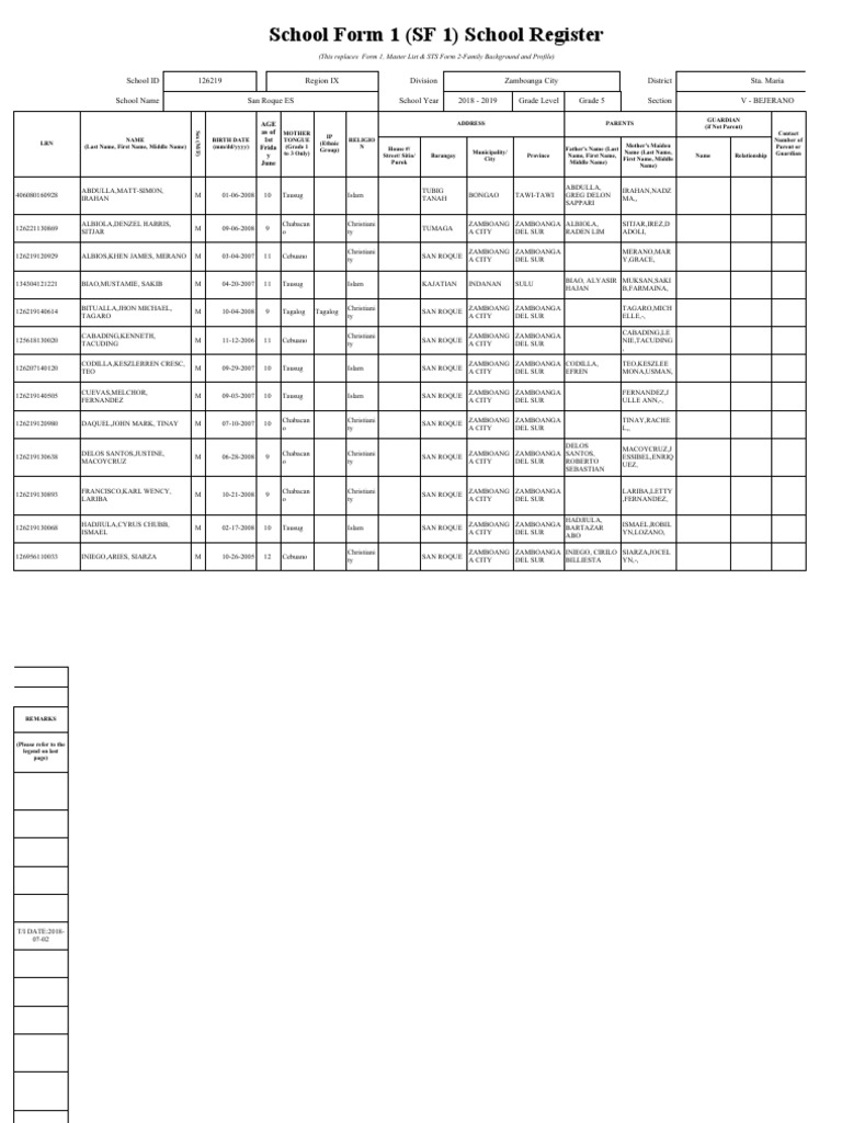 School Form 1 (SF 1) School Register | Download Free PDF | Semiotics ...
