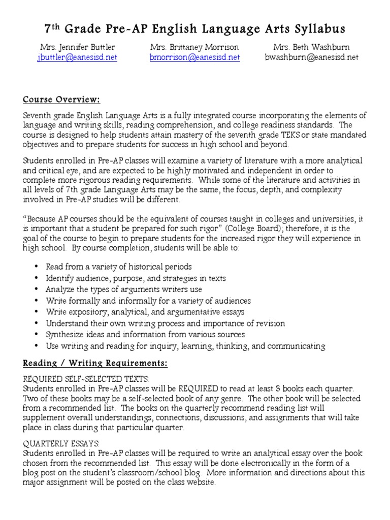 7 Grade Pre-AP English Language Arts Syllabus | PDF | Advanced ...