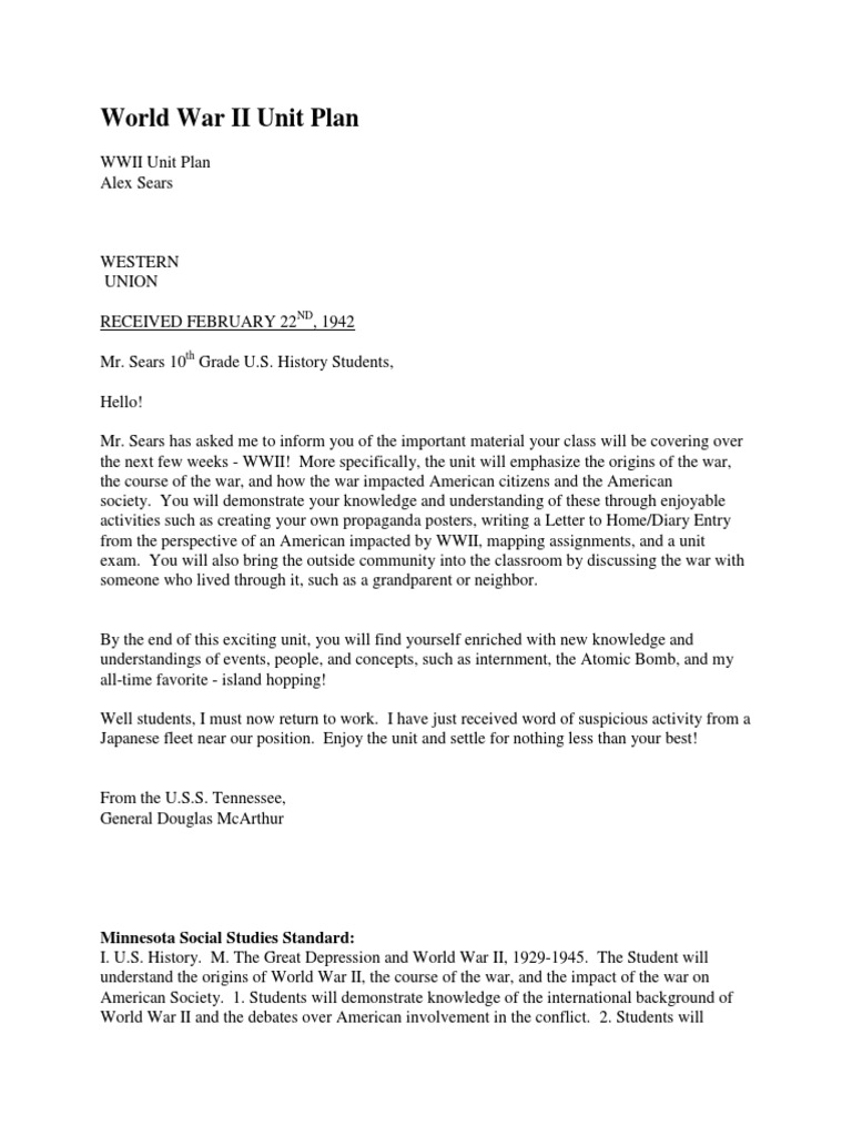 World War II Unit Plan: Minnesota Social Studies Standard | PDF ...