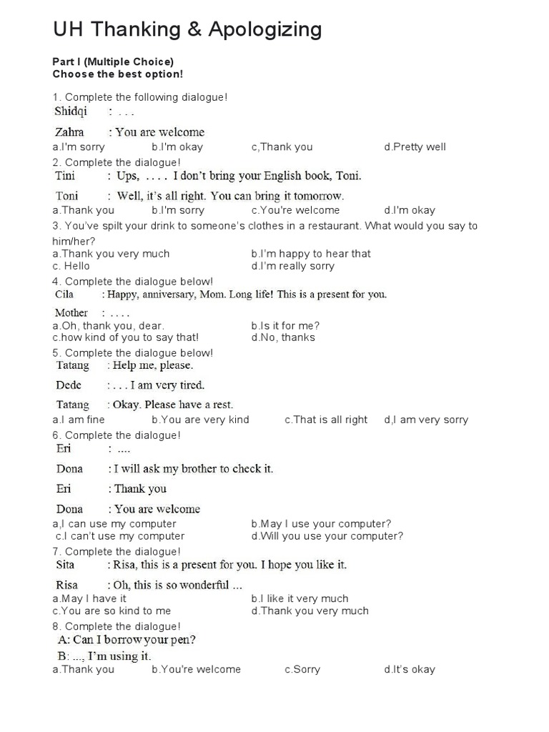 UH Thanking & Apologizing: Part I (Multiple Choice) Choose The Best Option! | PDF