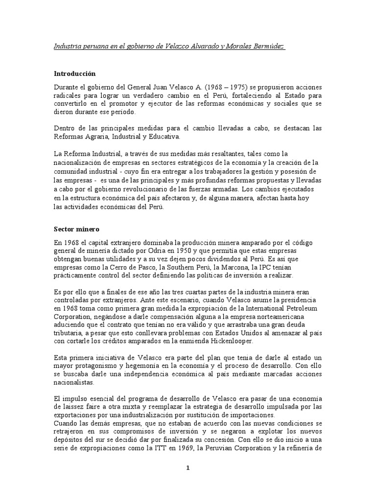 Industria peruana bajo Velasco y Morales | PDF | Perú | Minería