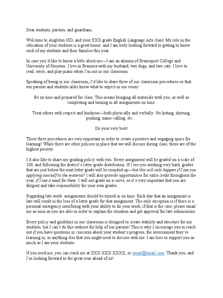 Welcome Letter Draft | PDF | Classroom | Behavior Modification