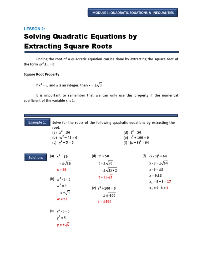 Solving Quadratic Equations by Extracting Square Roots: Lesson 2 | PDF