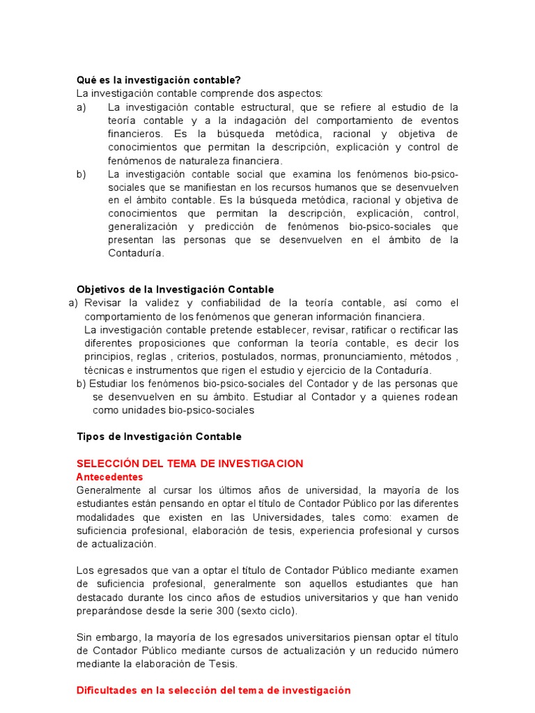 Lo que es y los objetivos de la investigación contable, así como los ...