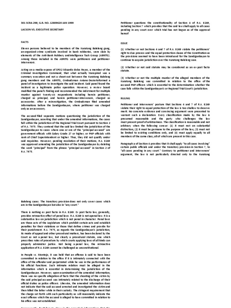 Lacson vs. Exec. Sec.: Kuratong Case Ruling | PDF | Ex Post Facto Law ...