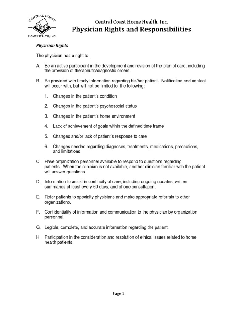 Physician Rights and Responsibilities: Central Coast Home Health, Inc ...