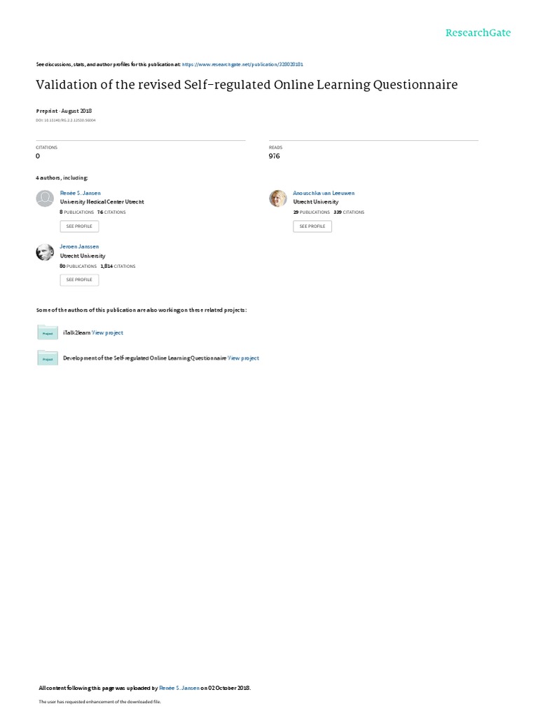 Revised Self-Regulated Learning Questionnaire | PDF | Massive Open Online Course | Metacognition