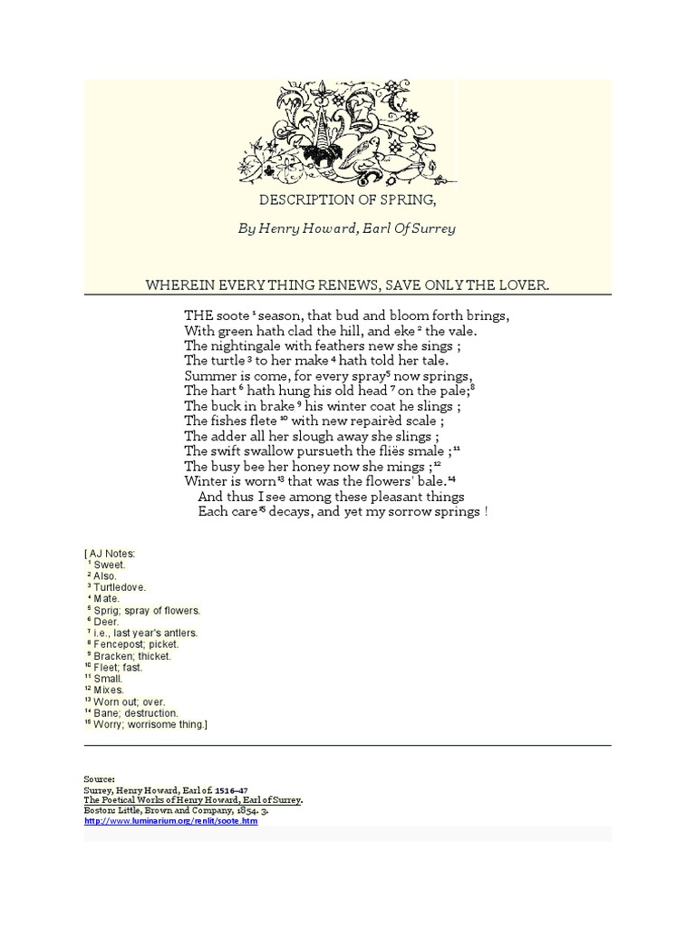Description of Spring,: by Henry Howard, Earl of Surrey | PDF | British ...