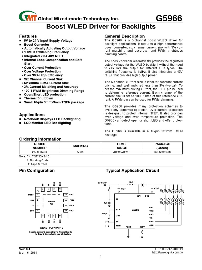 Boost WLED Driver For Backlights: Global Mixed-Mode Technology Inc ...