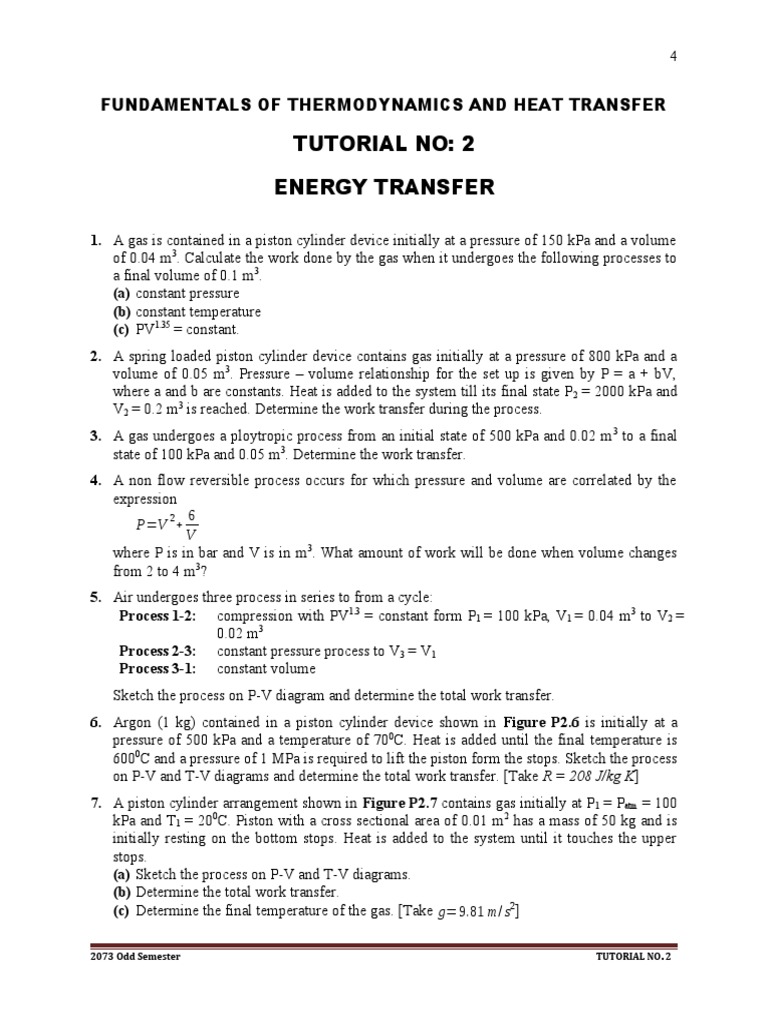Tutorial No: 2 Energy Transfer: Fundamentals of Thermodynamics and Heat Transfer | PDF | Gases ...