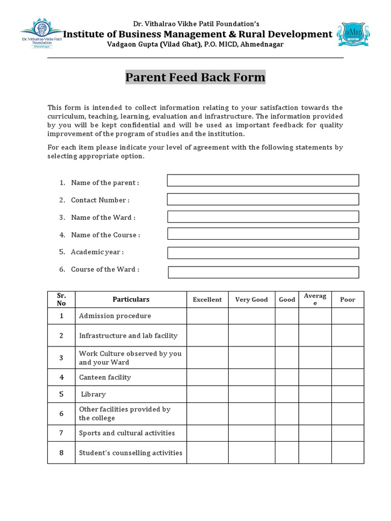 Parent Feedback Form Final | PDF | Education Theory | Learning