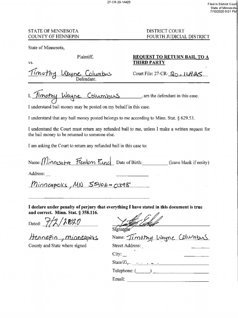 Columbus MFF Bail Document | Practice Of Law | Misconduct