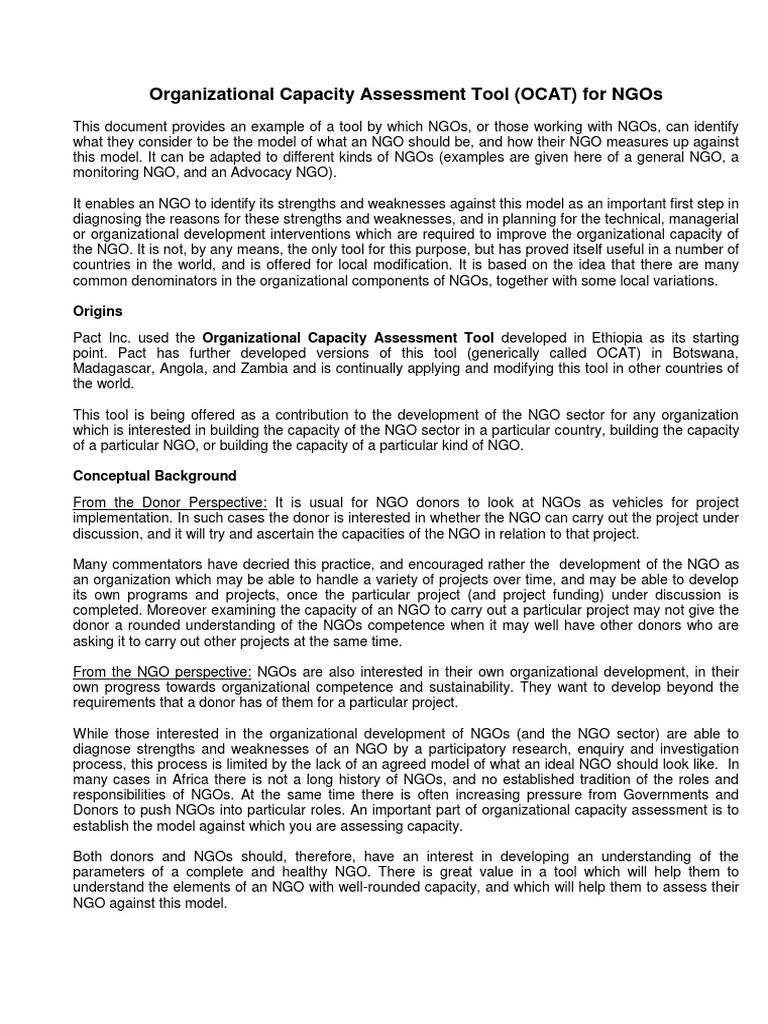 Organizational Capacity Assessment Tool (Ocat) For Ngos: Origins ...