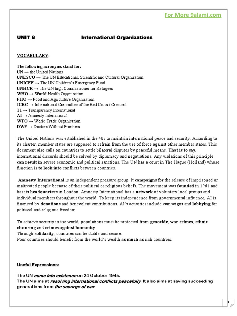 Unit 8 International Organizations | PDF | Amnesty International ...