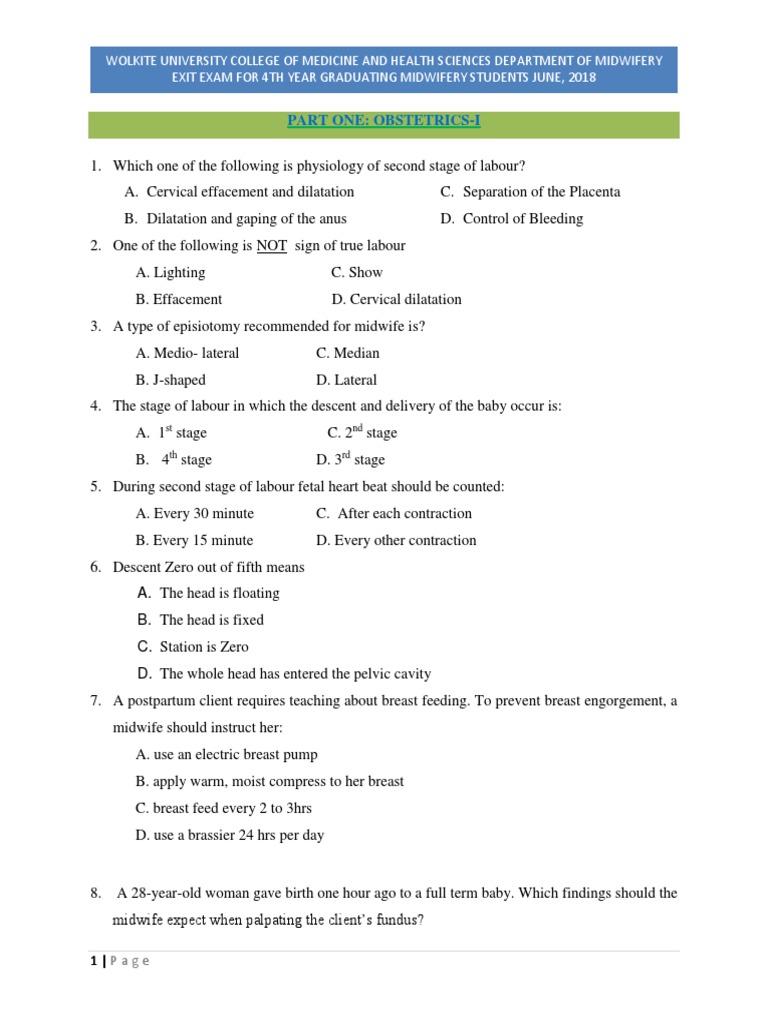 2018 Midwifery Exit Exam Questions | PDF | Childbirth | Miscarriage