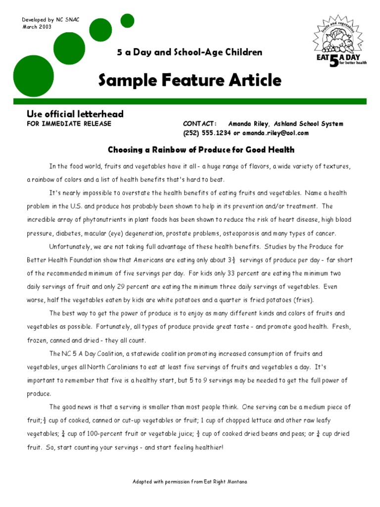 Sample Feature Article: 5 A Day and School-Age Children | PDF ...